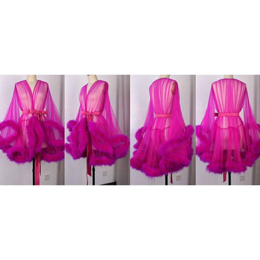"Night In" Fuchsia Handmade Sheer Fluffy Mini Marabou Feather Robe ...