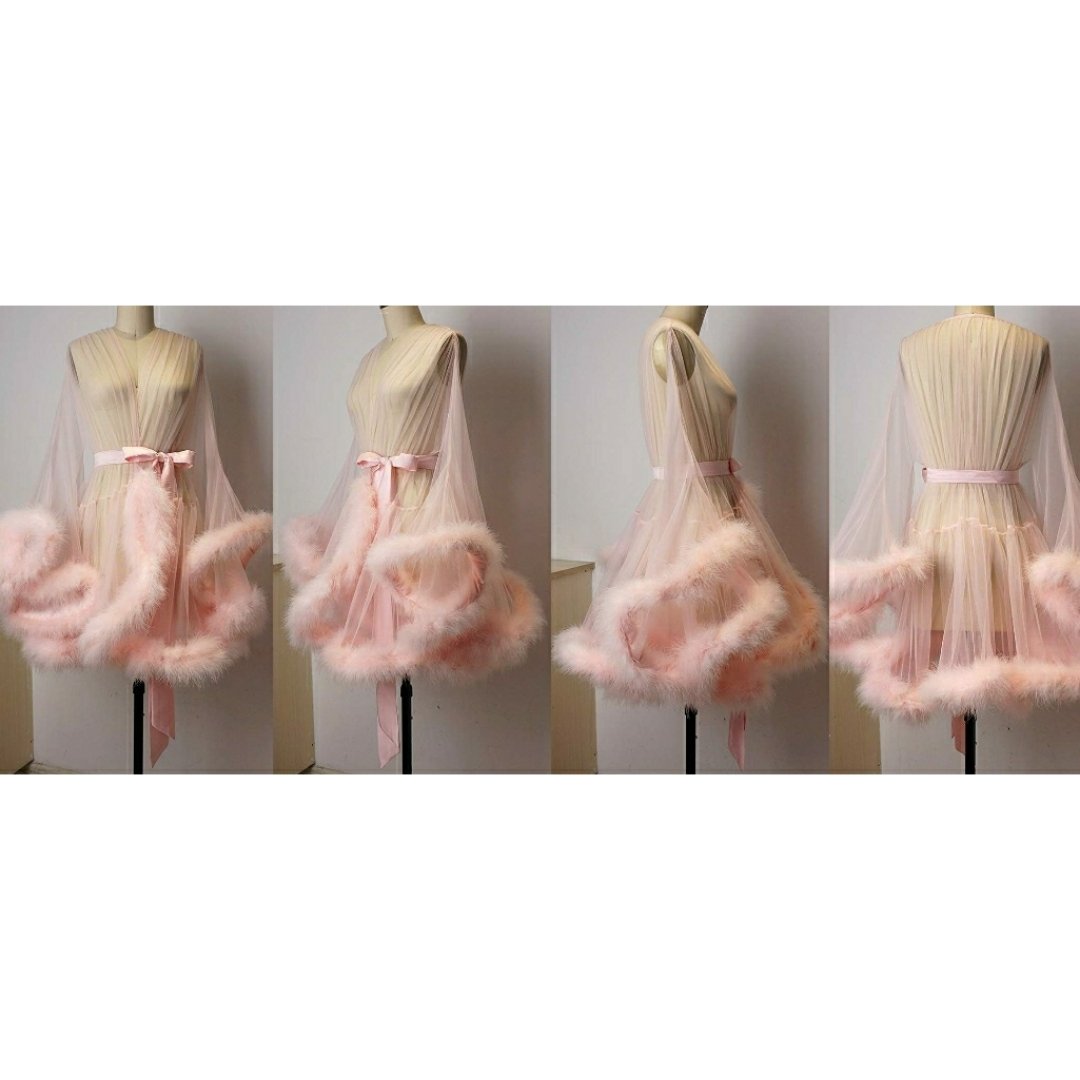 "Night In" Blush Pink Handmade Sheer Fluffy Mini Marabou Feather Robe ...